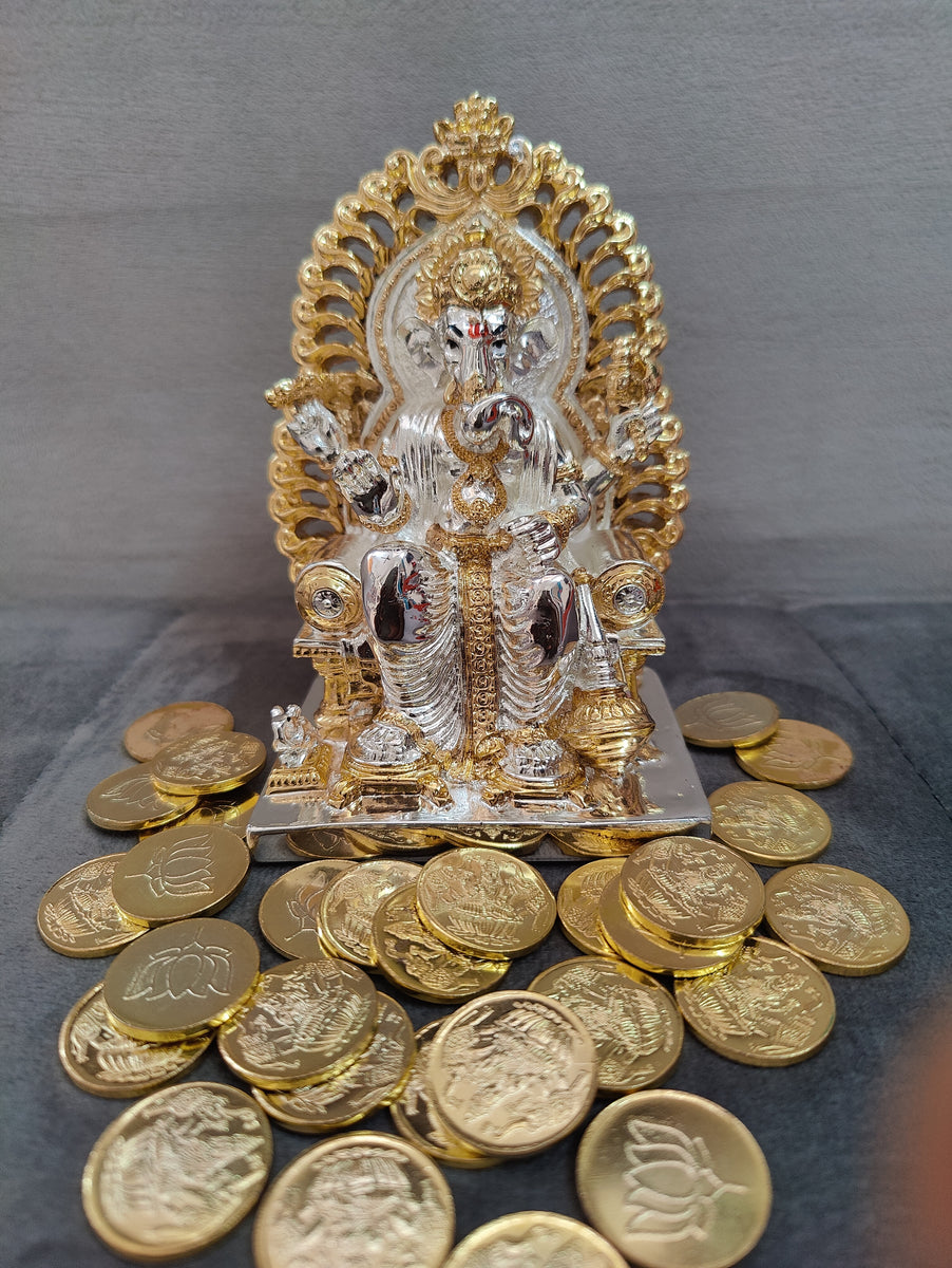 Maharaja Ganesh Idol (Gold and Silver) 5" + Mantra Coins 108 – Silver ...