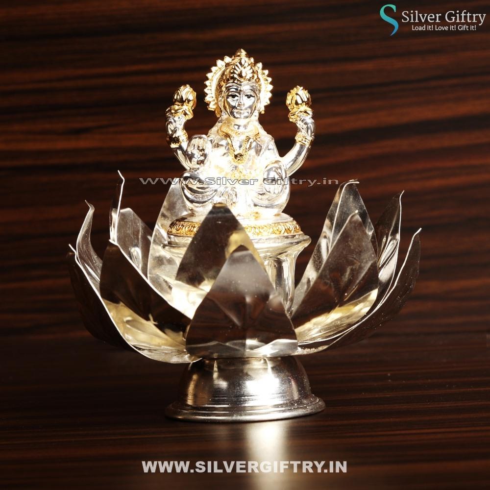 German Silver Lotus Stand with Lakshmi Idol – Silver Giftry