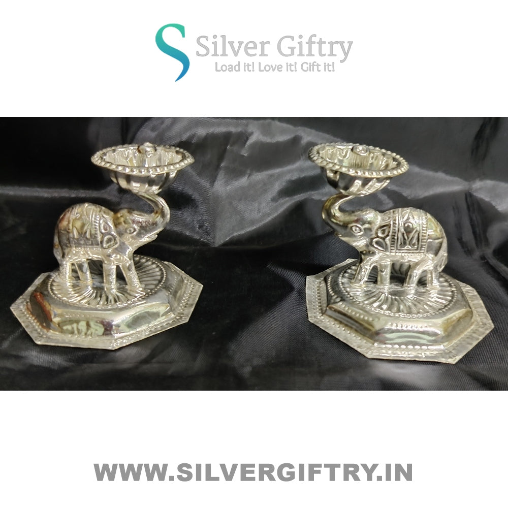 German Silver 3" Elephant Diya Pair | Silver Giftry