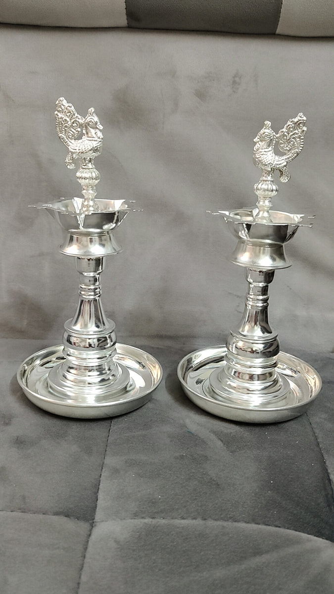 German silver 10" peacock deepam with base plates – Silver Giftry